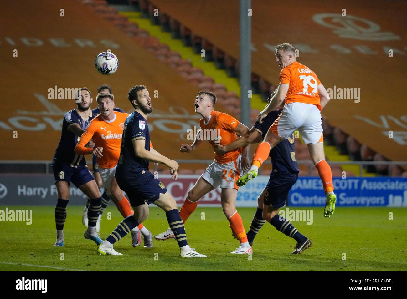 Shayne Lavery #19 of Blackpool heads goal wards during the Sky Bet ...