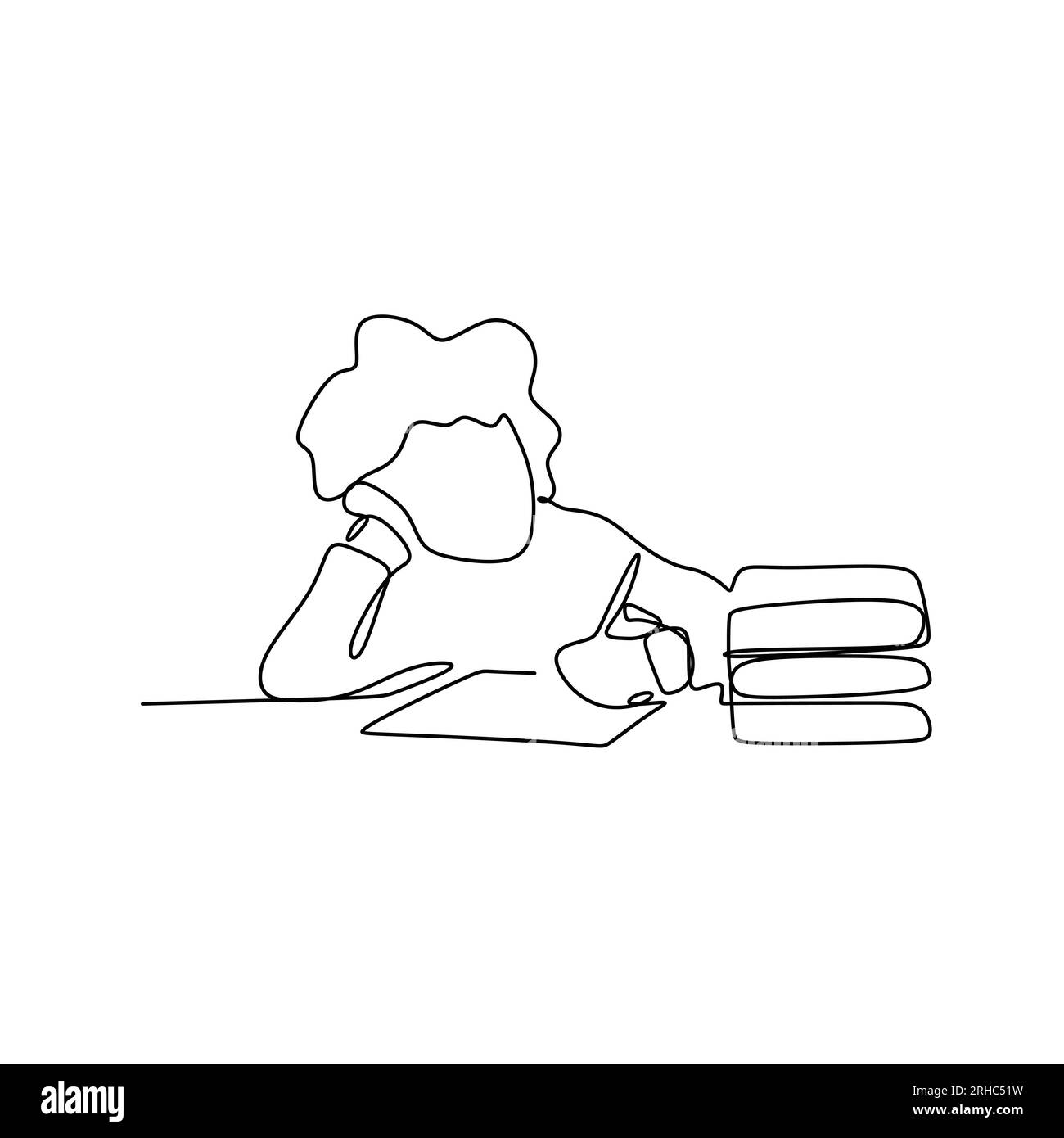 continuous line drawing of a child writing with a book beside him Stock ...