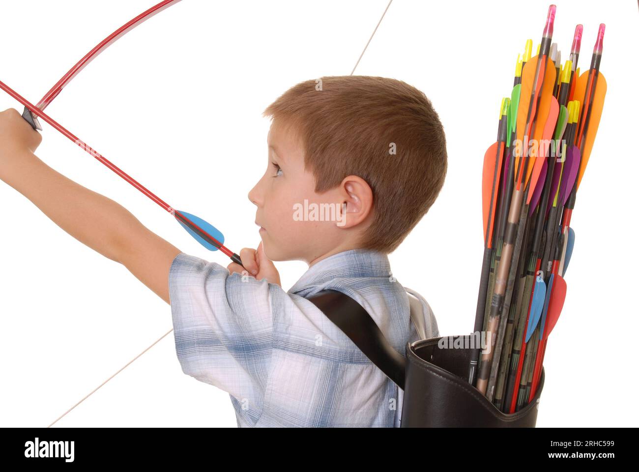 Young Boy with Bow and Arrows isolated over white Stock Photo - Alamy