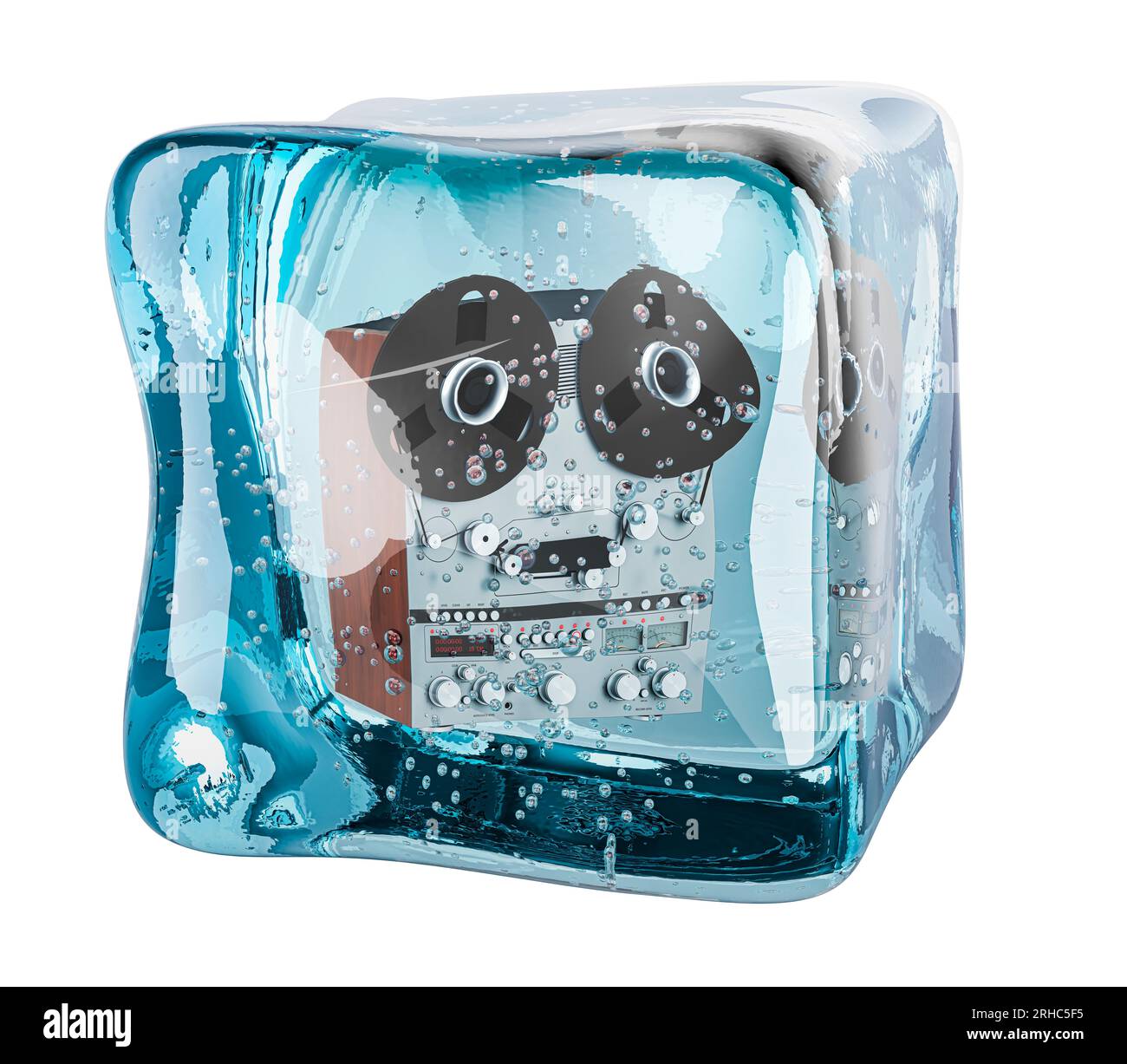 Reel-to-reel tape recorder frozen in ice cube, 3D rendering isolated on ...