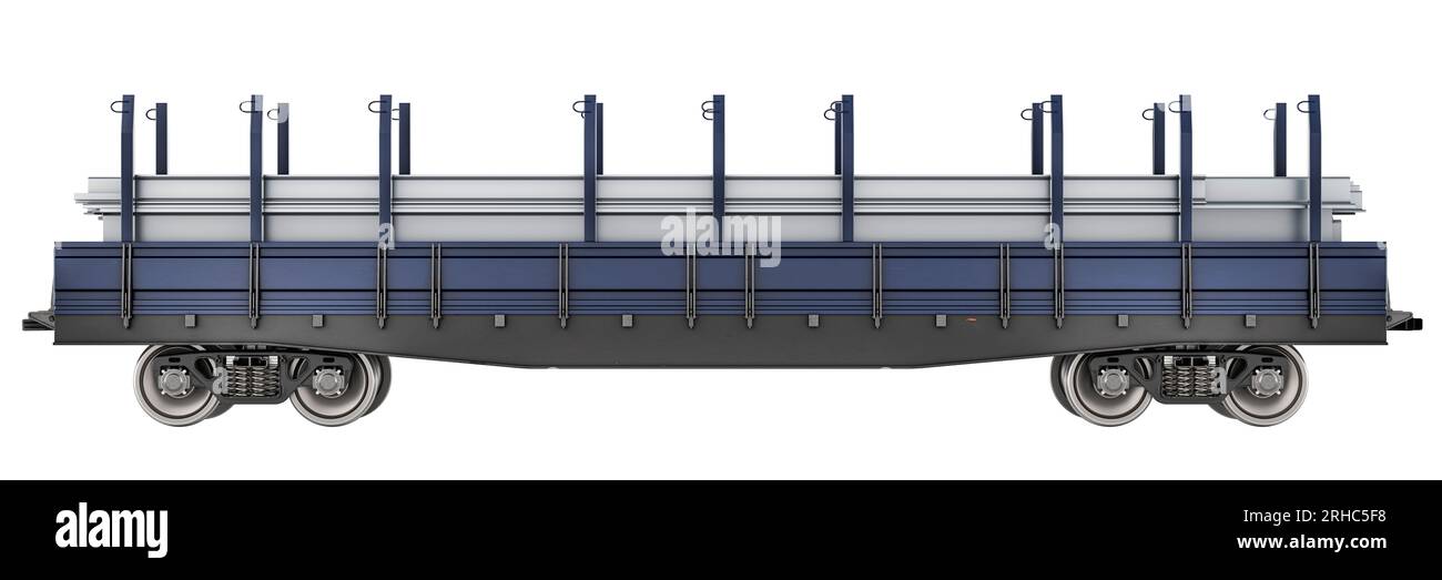 Freight wagon with stack of rolled metal products, 3D rendering ...