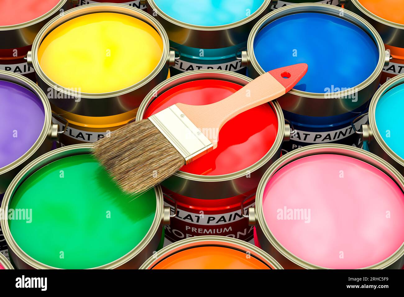 Paint cans and brush, top view. 3D rendering Stock Photo - Alamy