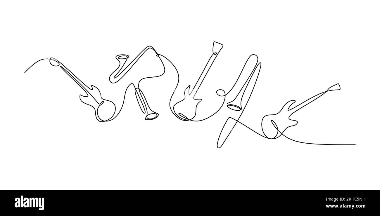 continuous line drawing of jazz instrument. Musical tools of electric ...