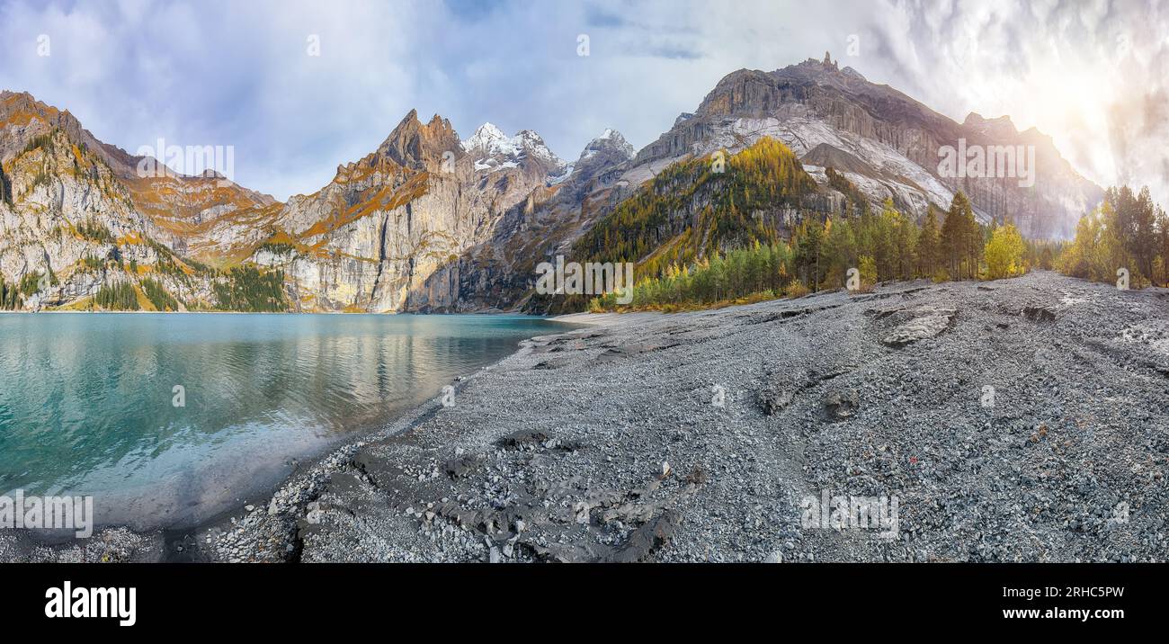 Incredible autumn view of Oeschinensee Lake. Scene of Swiss Alps with ...
