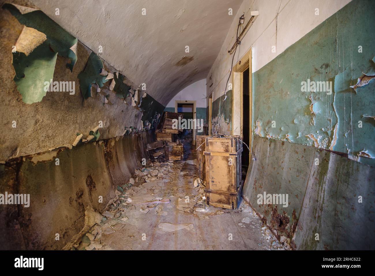 Old vaulted corridor of Soviet bunker, echo of Cold War Stock Photo - Alamy