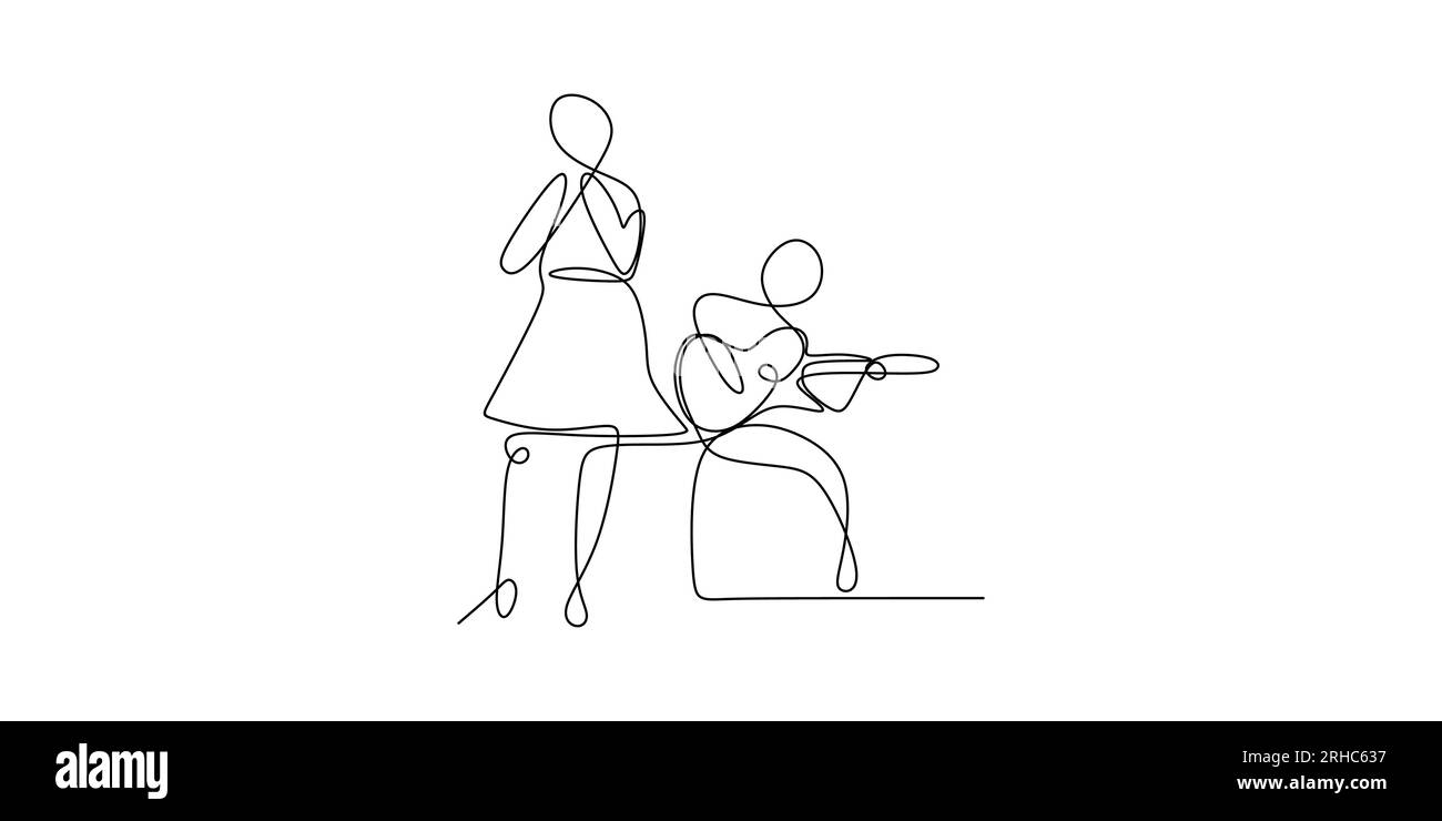 continuous line drawing of a person playing acoustic guitar and young ...