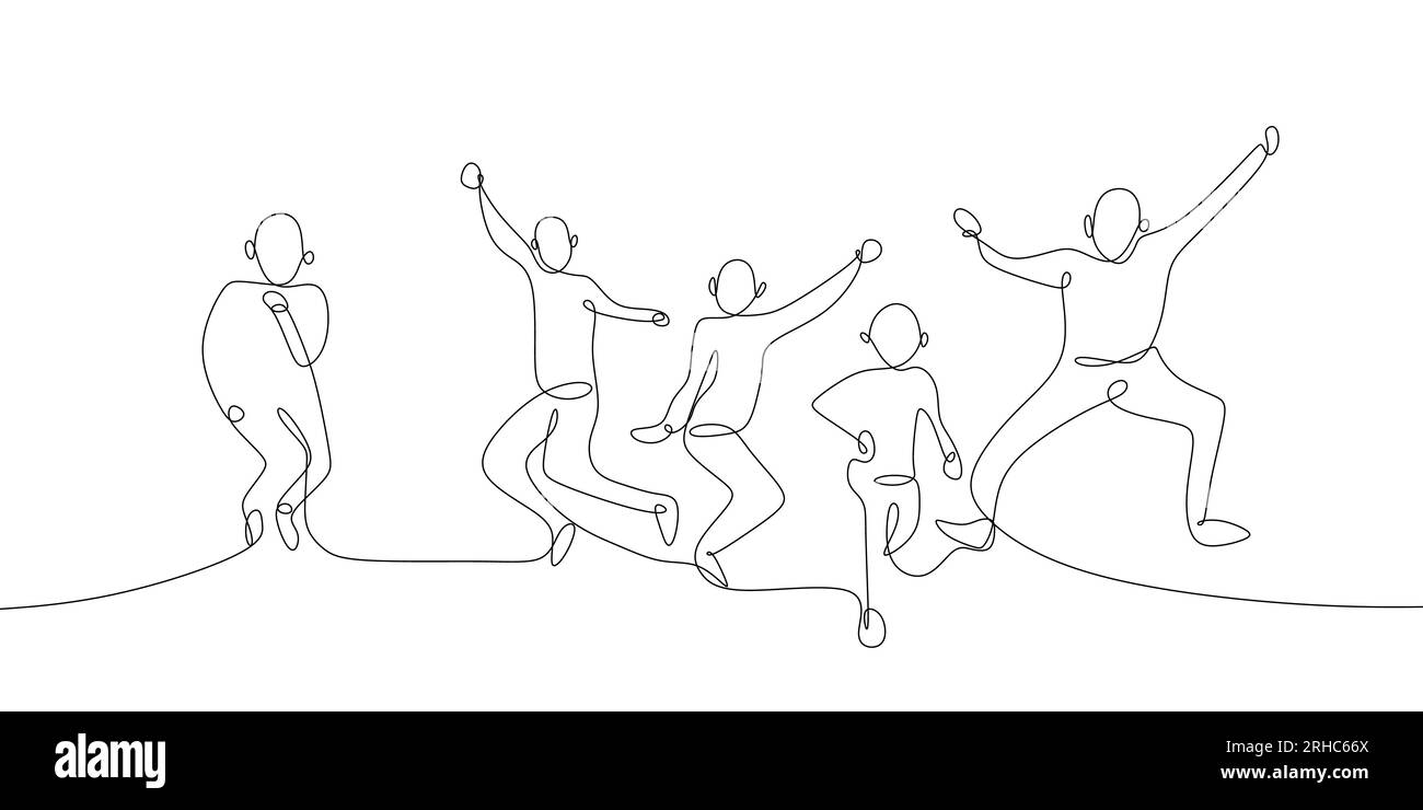 continuous one line drawing of four jumping happy team members ...