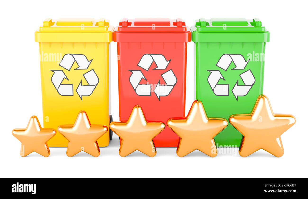 Colored recycling trash cans with five golden stars, 3D rendering ...