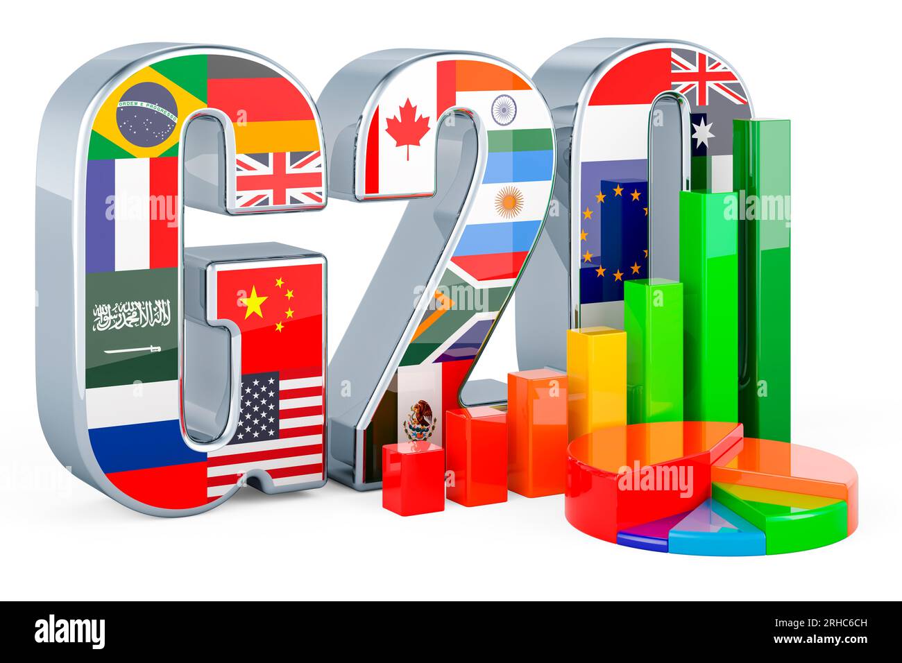 Summit G20 with growth bar graph and pie chart, 3D rendering isolated ...