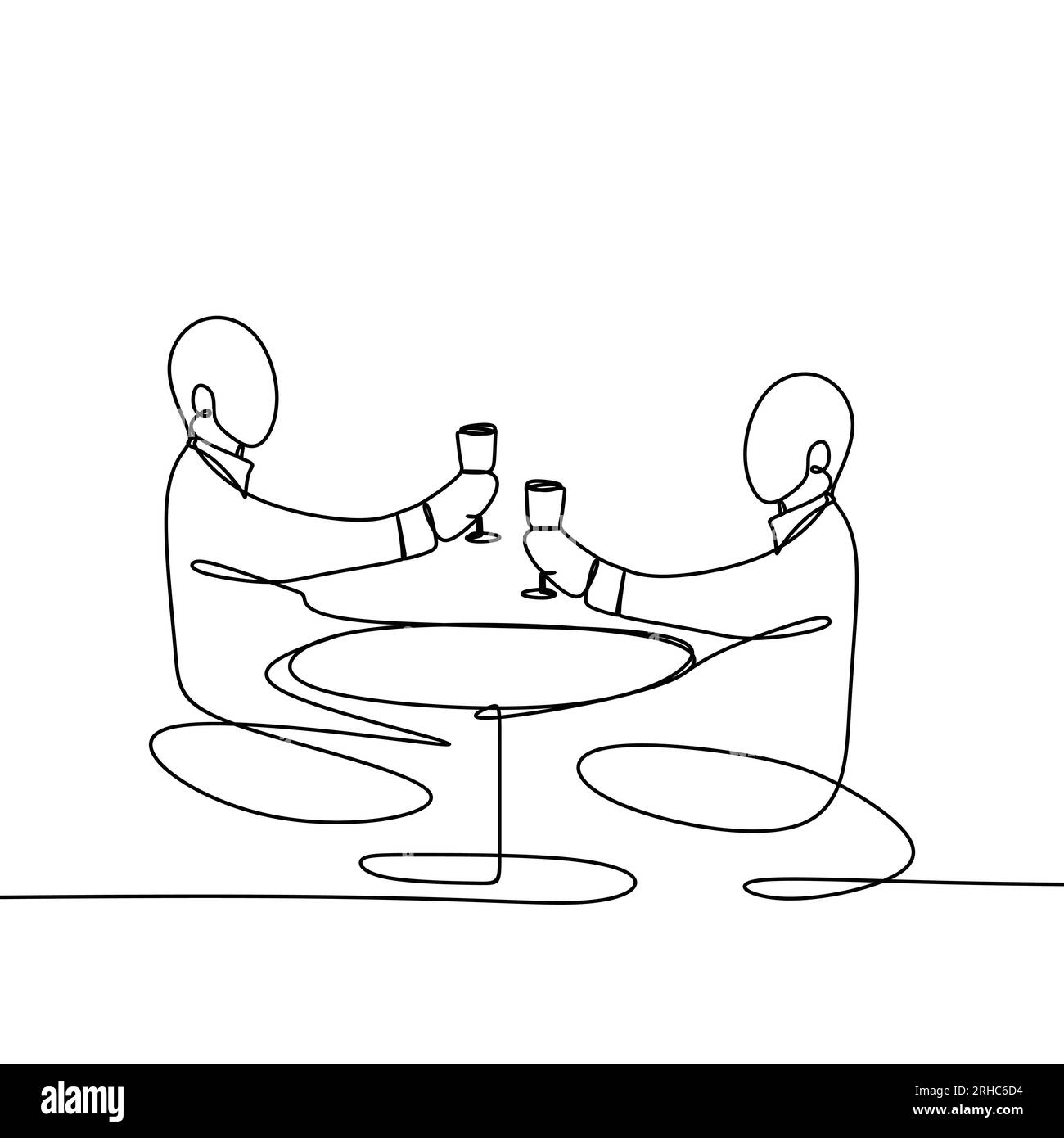 One line drawing of Cheers clinking of two person with bourbon wine ...