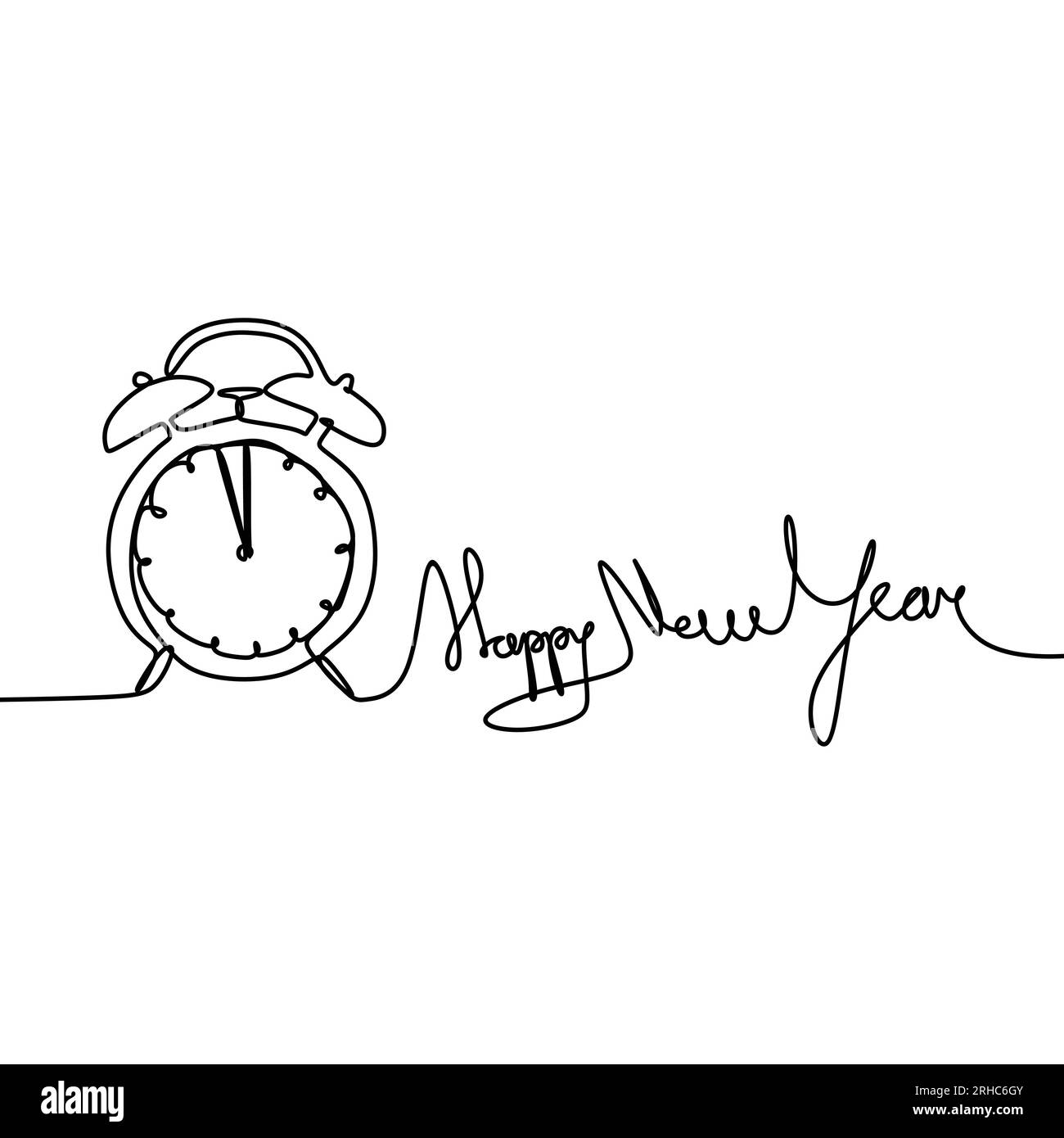 New year continuous line drawing with clock and typography vector ...