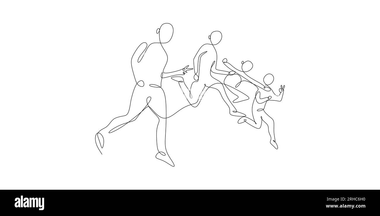 continuous one line drawing of four jumping happy team members ...