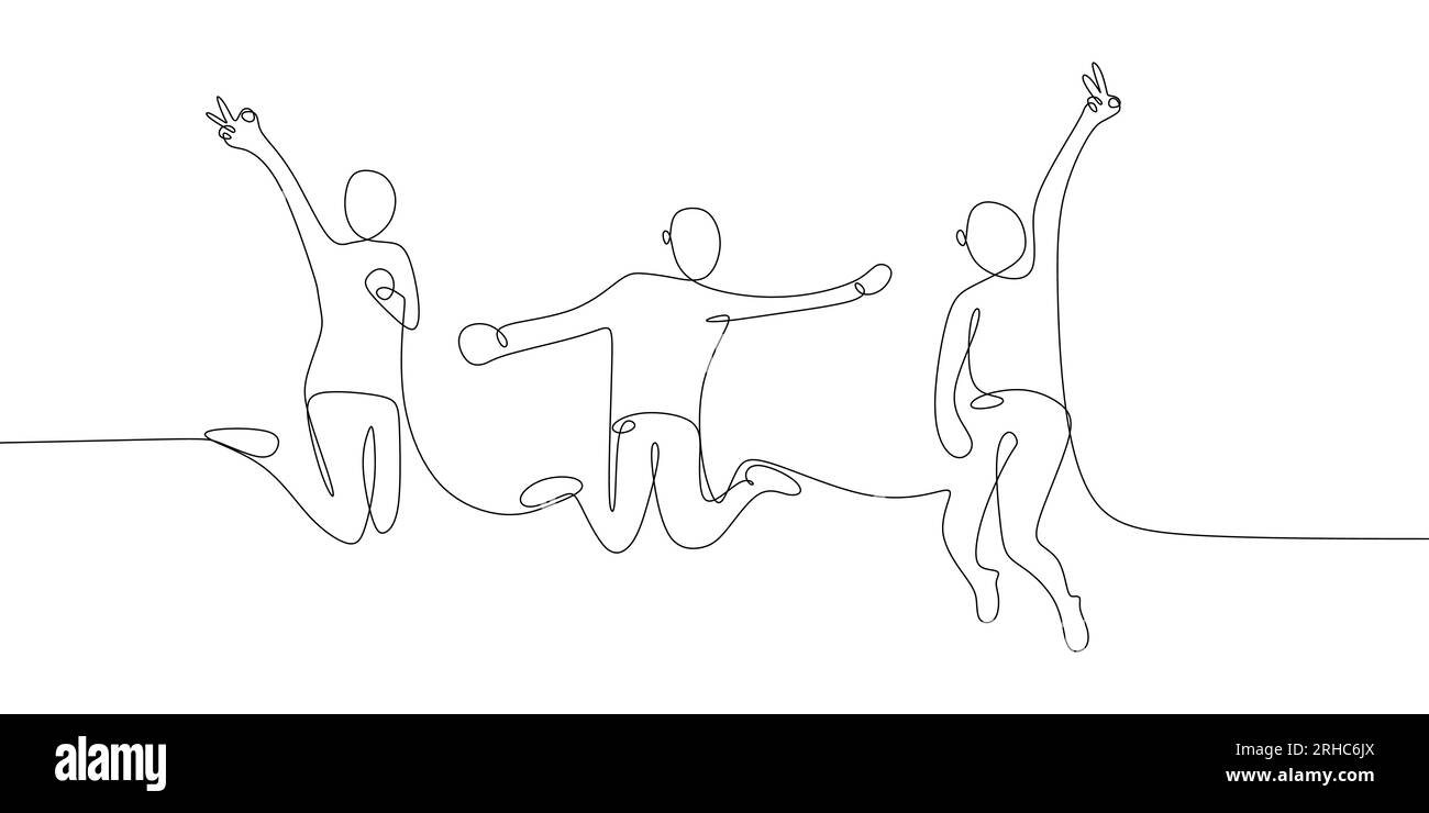 continuous one line drawing of four jumping happy team members ...