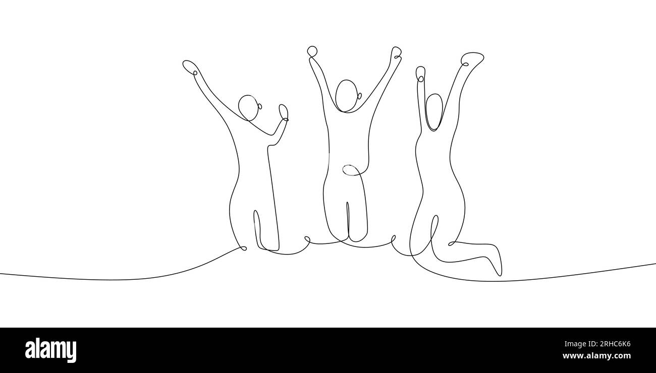 Happy three person rising their hands with continuous line art drawing ...