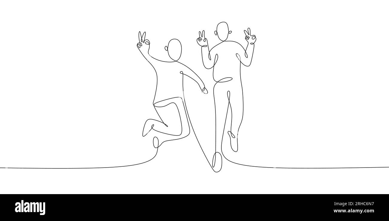Continuous line art drawing of two person rising his peace symbol with ...