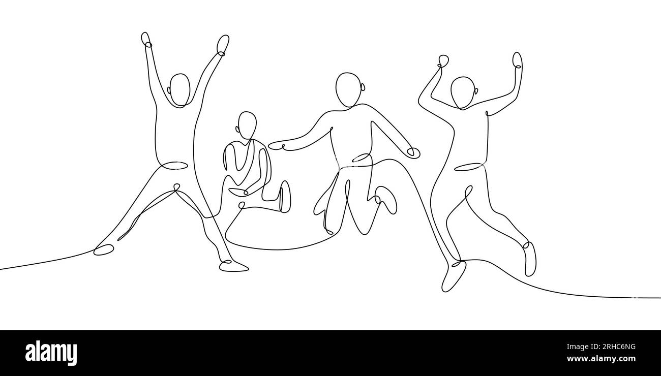 continuous one line drawing of four jumping happy team members ...
