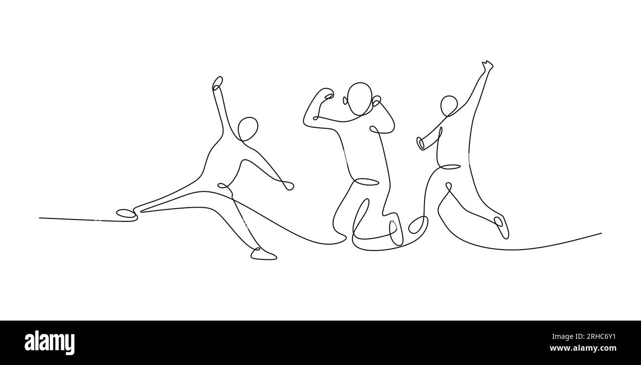 continuous one line drawing of four jumping happy team members ...