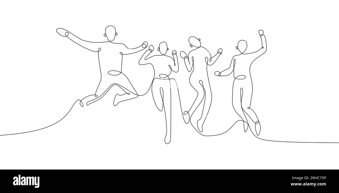 continuous one line drawing of four jumping happy team members ...