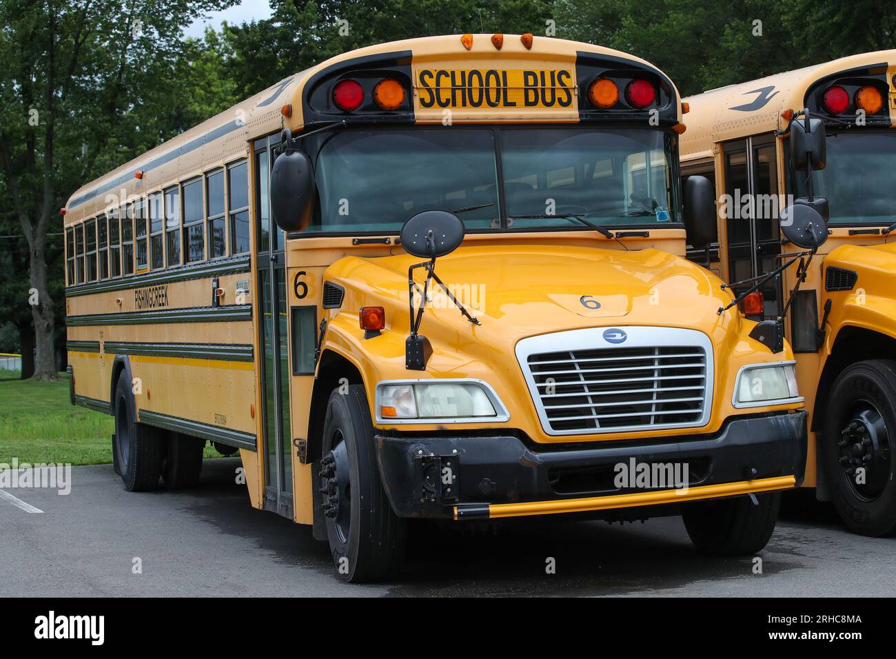 School buses are seen parked at Bloomsburg High School as many school districts in Pennsylvania ...