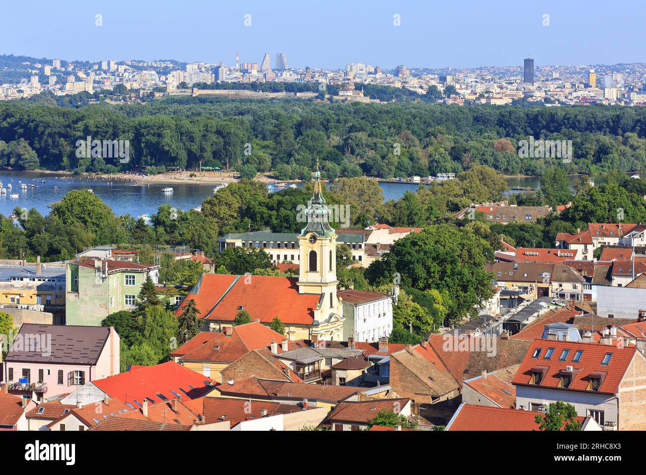 Panoramic views across Zemun, the Sava Beach and River from the Gardos ...
