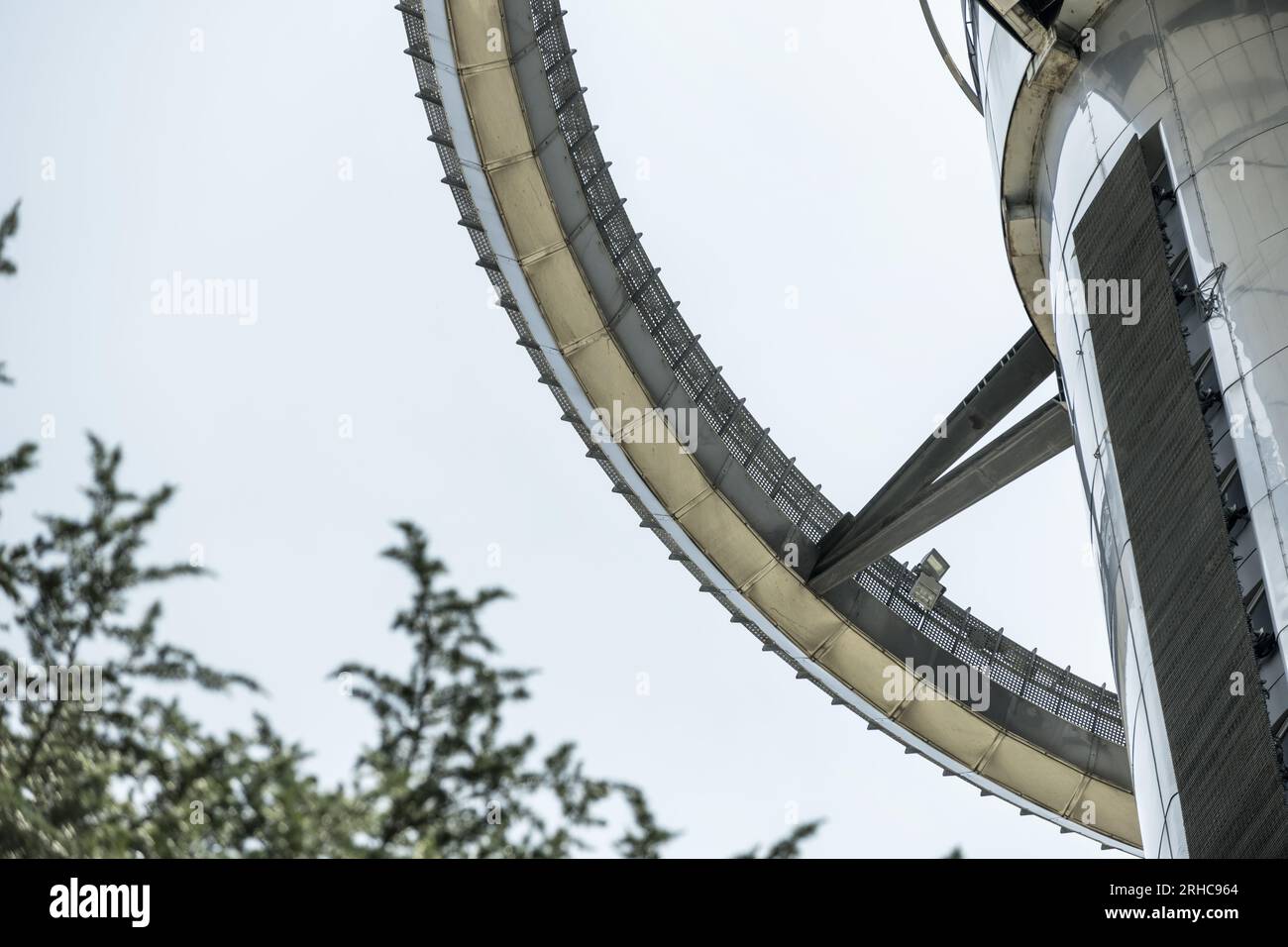 Circular metal and glass structure of the Moncloa lighthouse in Madrid ...