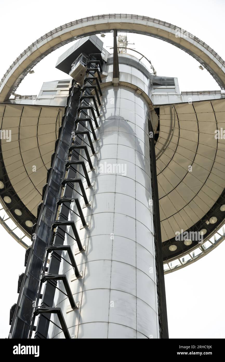 Metallic tower of the Moncloa lighthouse in Madrid with a circular ...