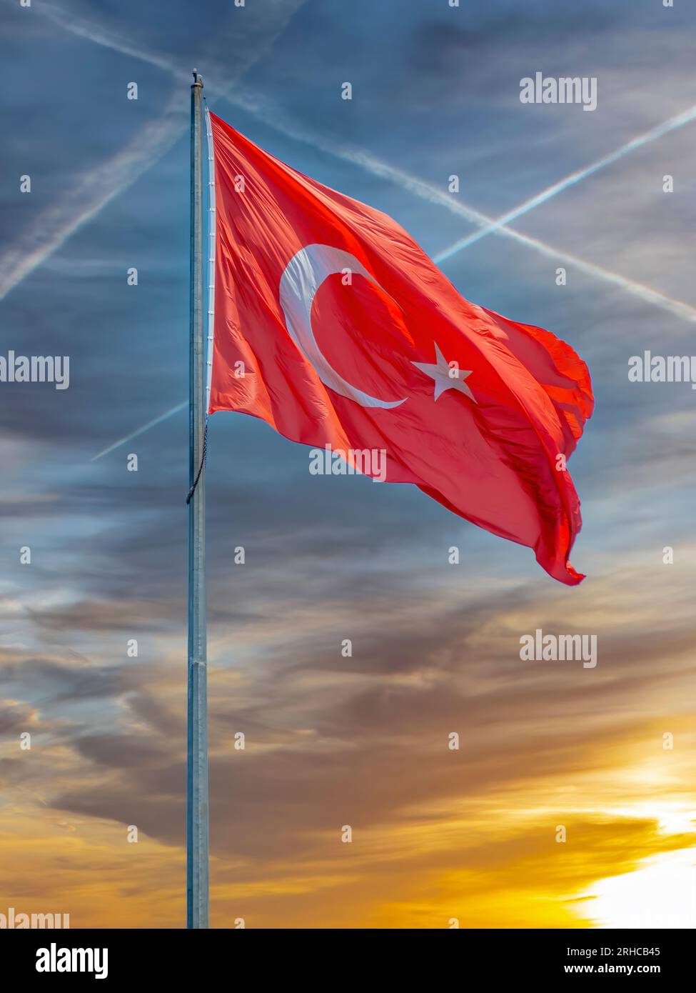 The Turkey flag against dramatic beautiful sunset and clouds, moving ...