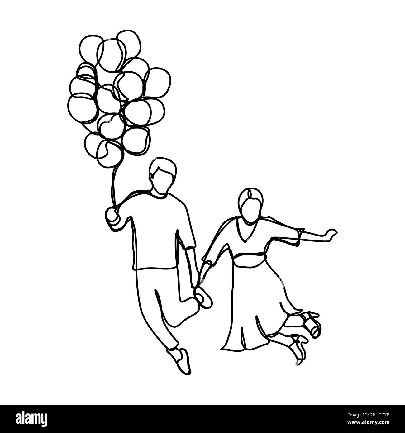Continuous line drawing of happy couple running and holing balloons ...