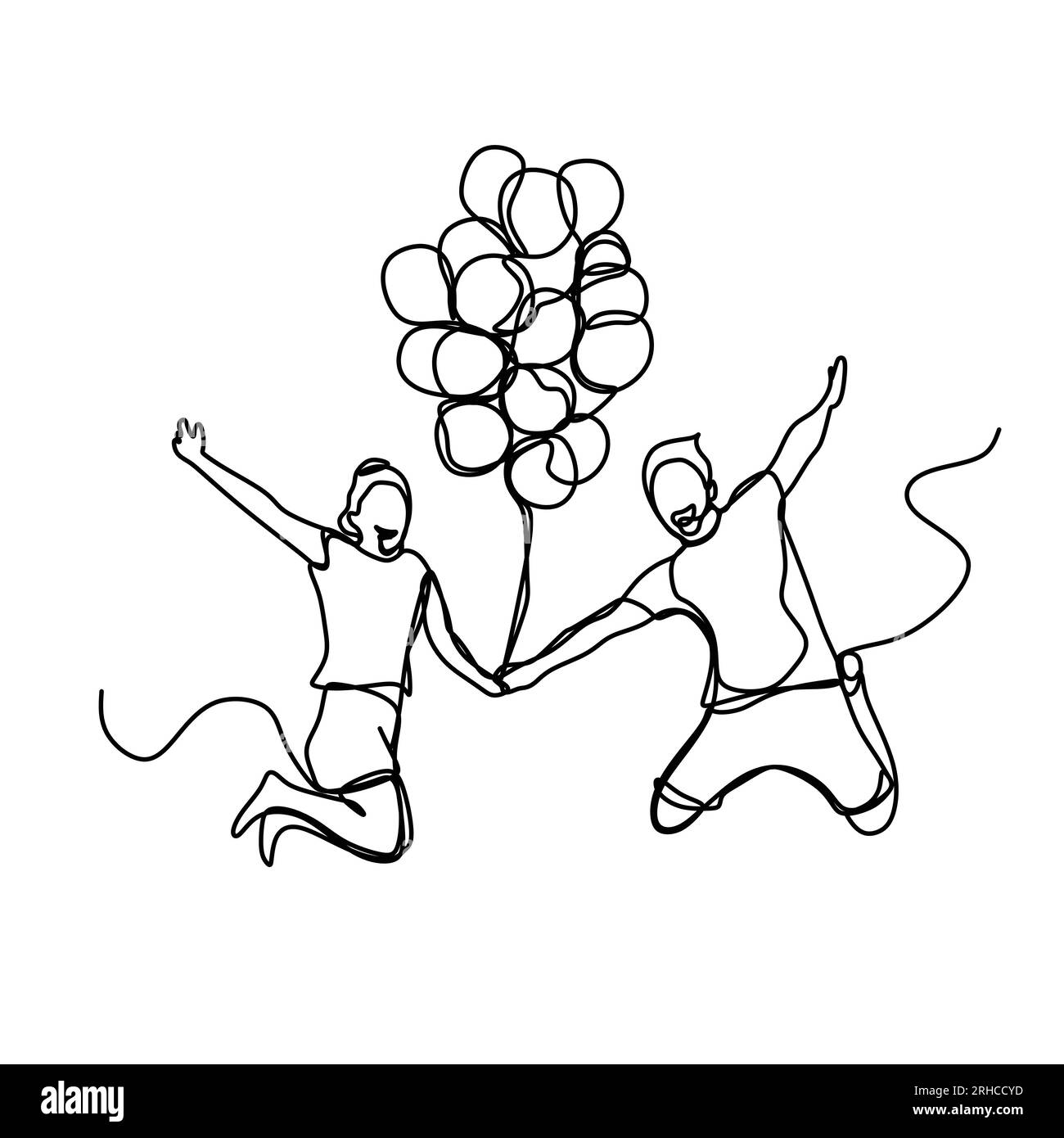 Continuous line drawing of young couple jumping holding balloon ...