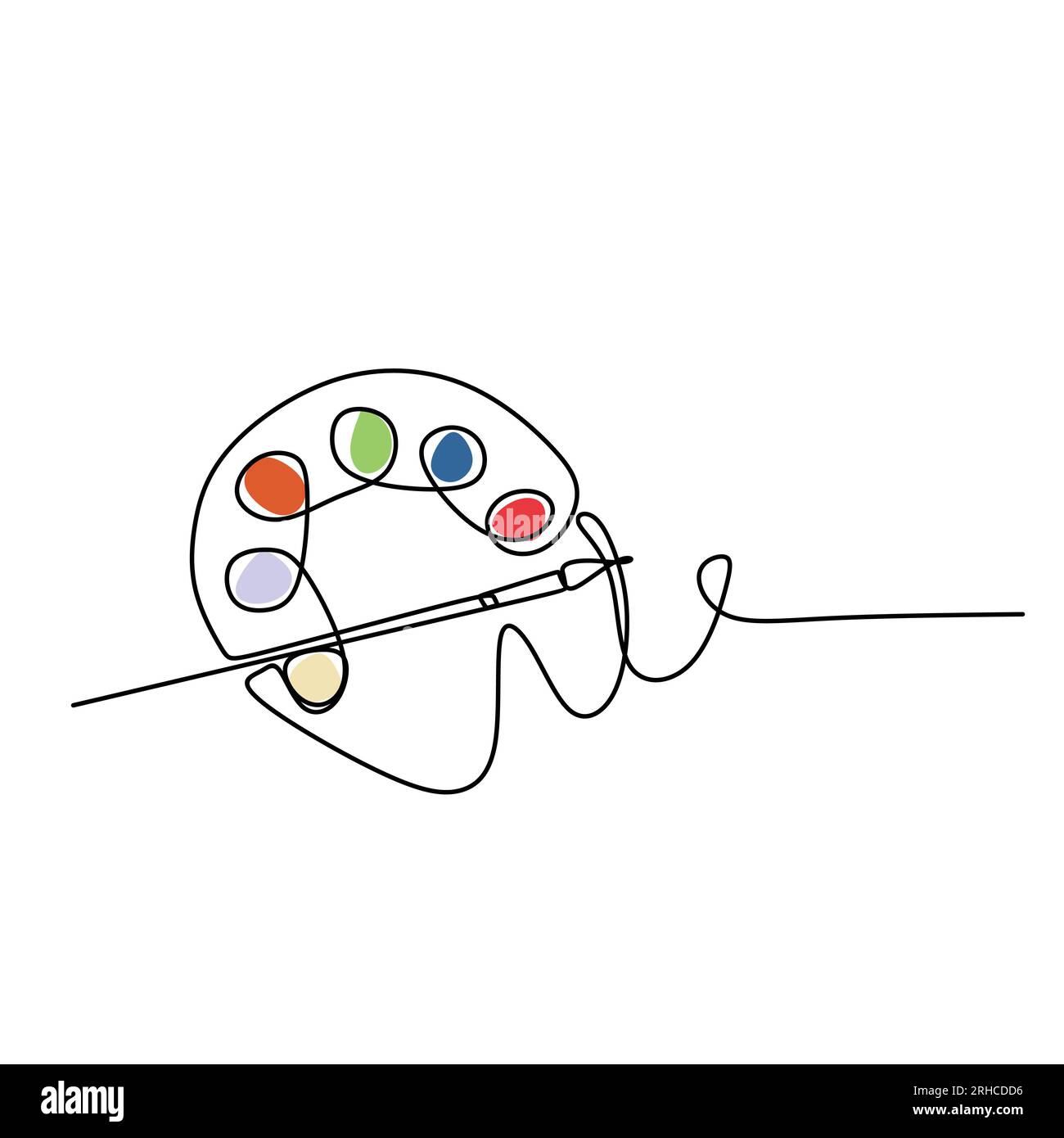 Continuous line drawing of water color pallet and painting brush ...