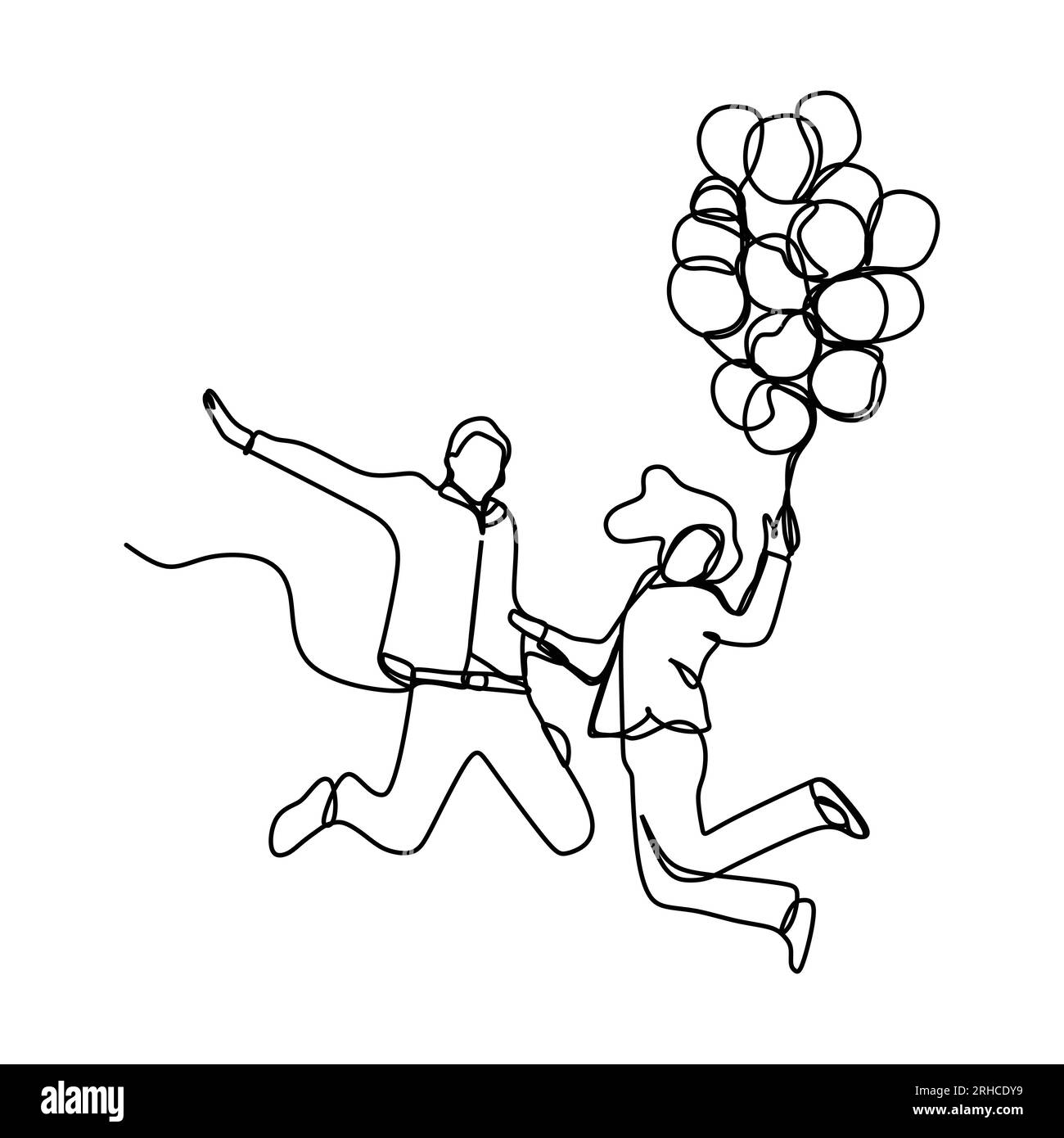 Continuous line drawing of romantic couple with balloon running and ...