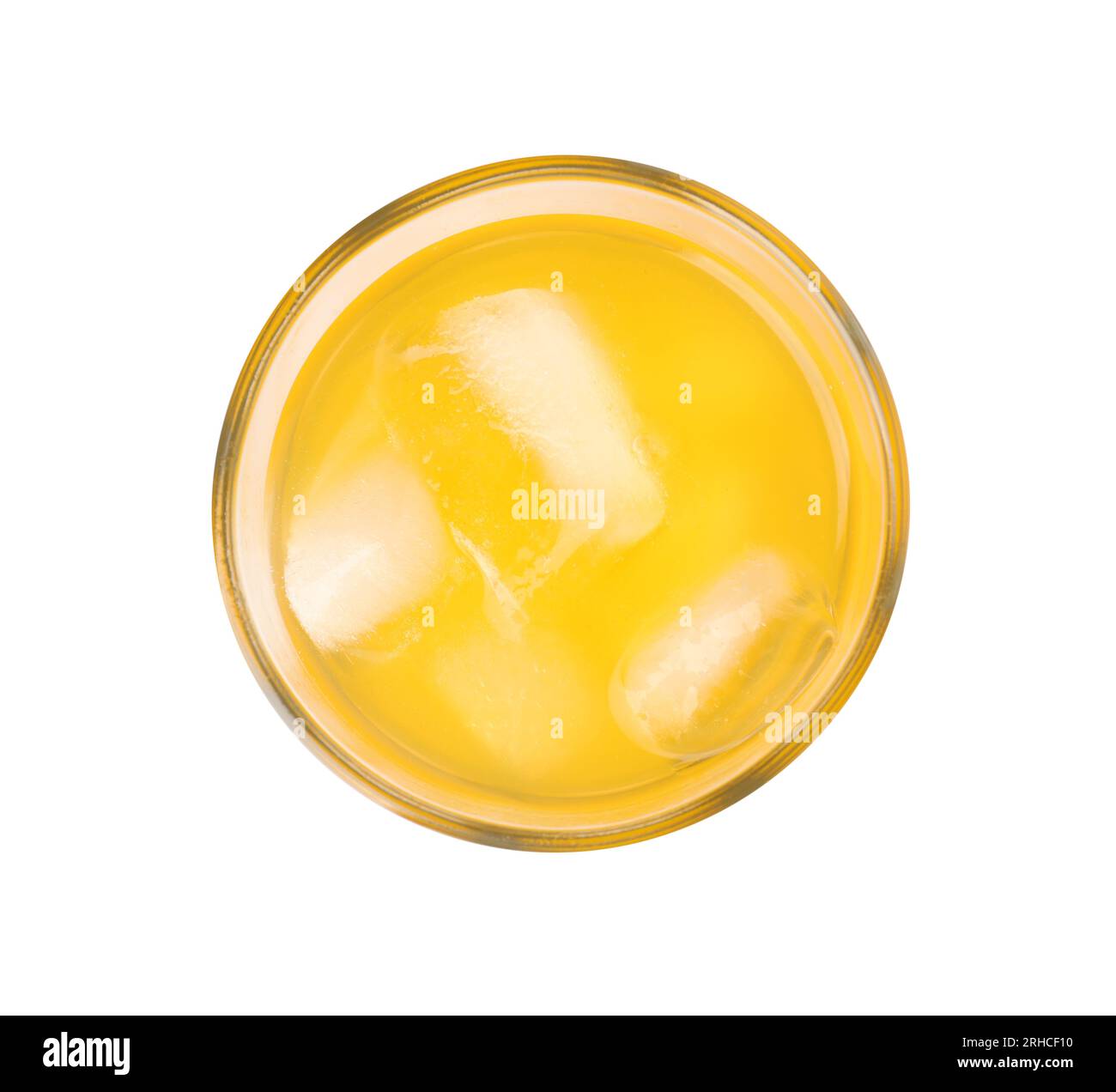Glass of orange soda water with ice cubes isolated on white, top view Stock Photo - Alamy