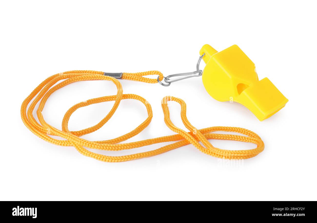 One yellow whistle with orange cord isolated on white Stock Photo - Alamy