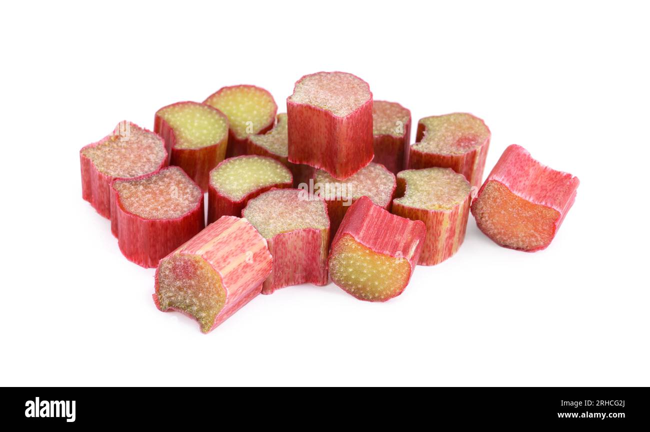 Pieces of ripe rhubarb isolated on white Stock Photo - Alamy
