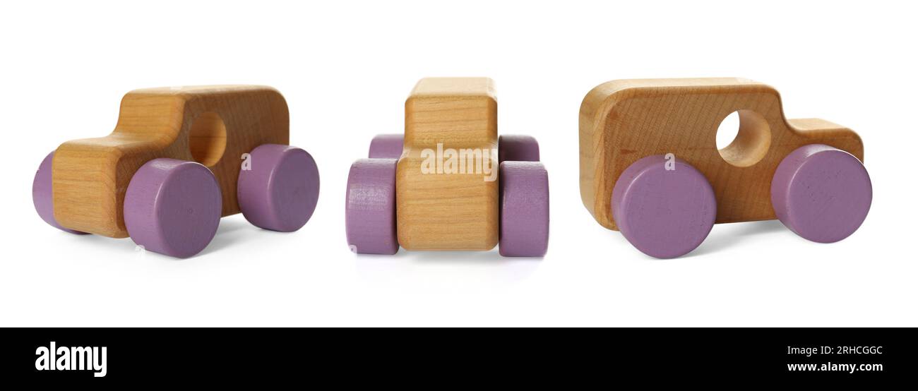 Wooden car isolated on white, different angles. Collage design with ...