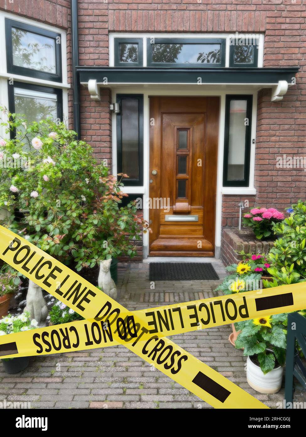 Yellow crime scene tape blocking way to house outdoors Stock Photo - Alamy