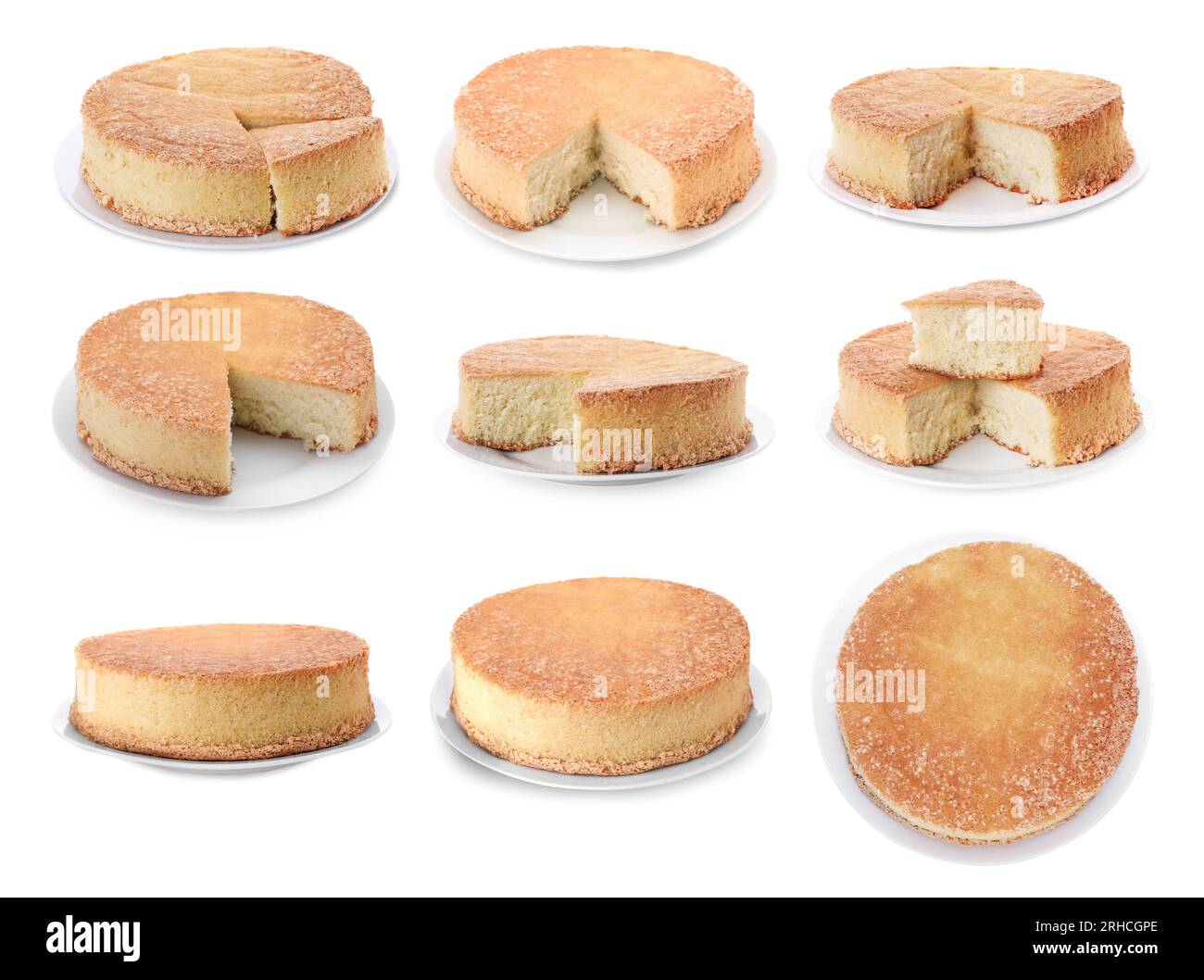 Tasty sponge cake isolated on white, different angles. Collage design ...