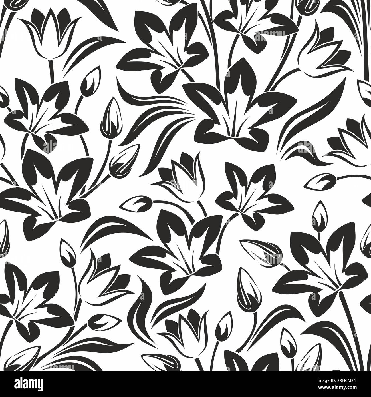 Seamless floral pattern with flowers. Vector black and white floral ...