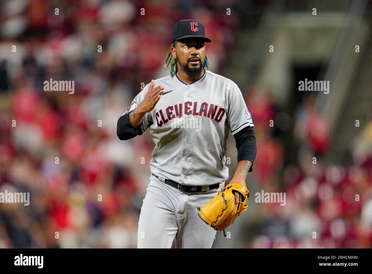 Cleveland Guardians relief pitcher Emmanuel Clase reacts following a ...