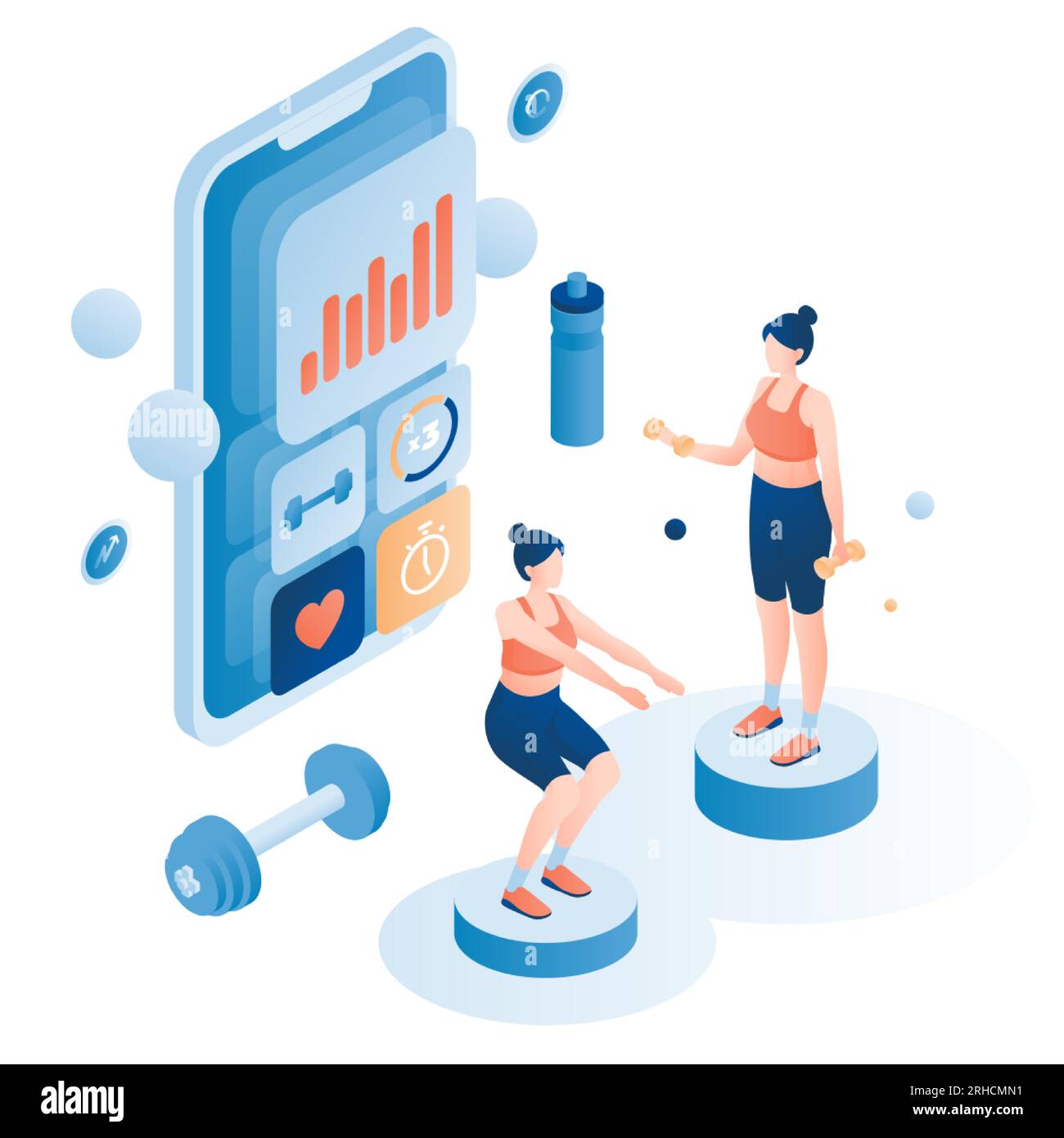Woman exercising using mobile phone app vector illustration Stock ...