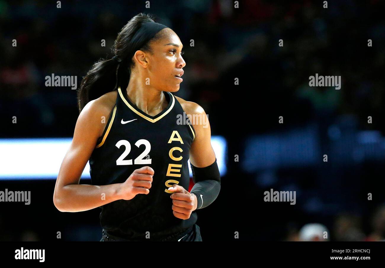 Las Vegas Aces forward A'ja Wilson (22) heads upcourt after scoring ...