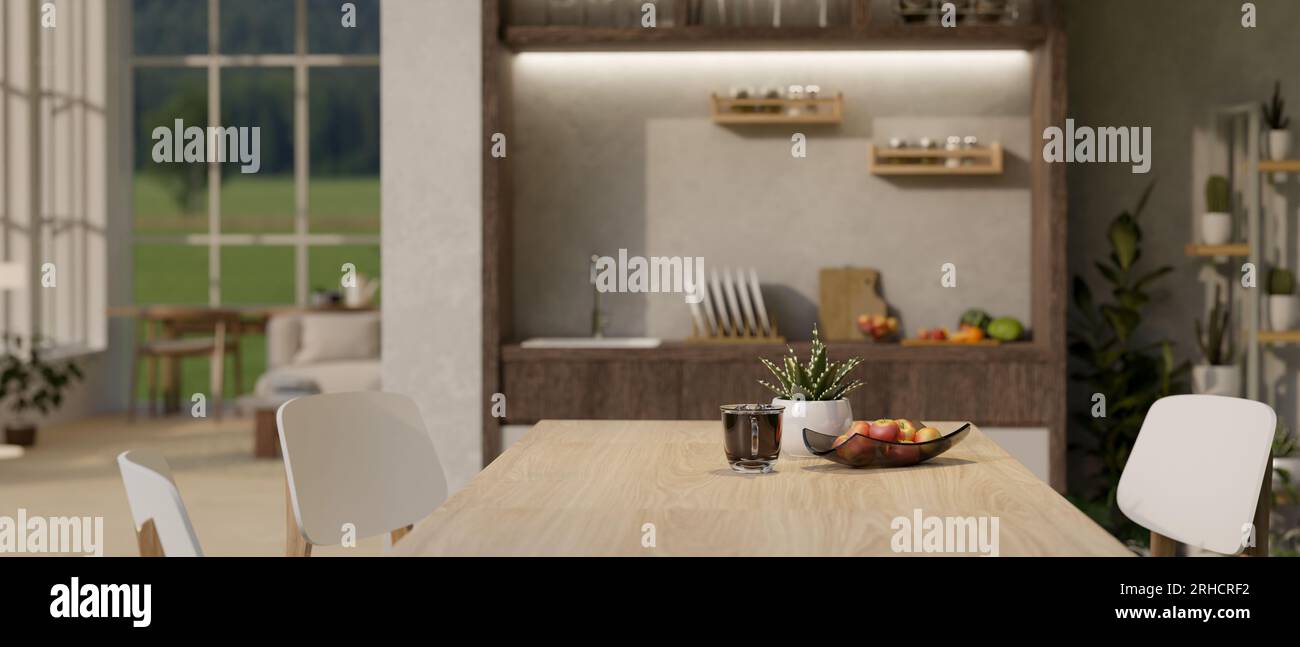 Close-up image of a wooden dining table in a luxury modern dining room ...