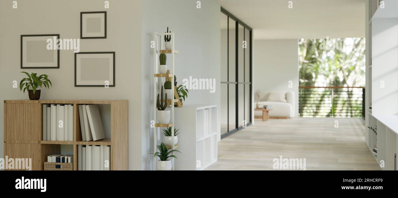 A modern minimal white building corridor interior with bookcases, a ...