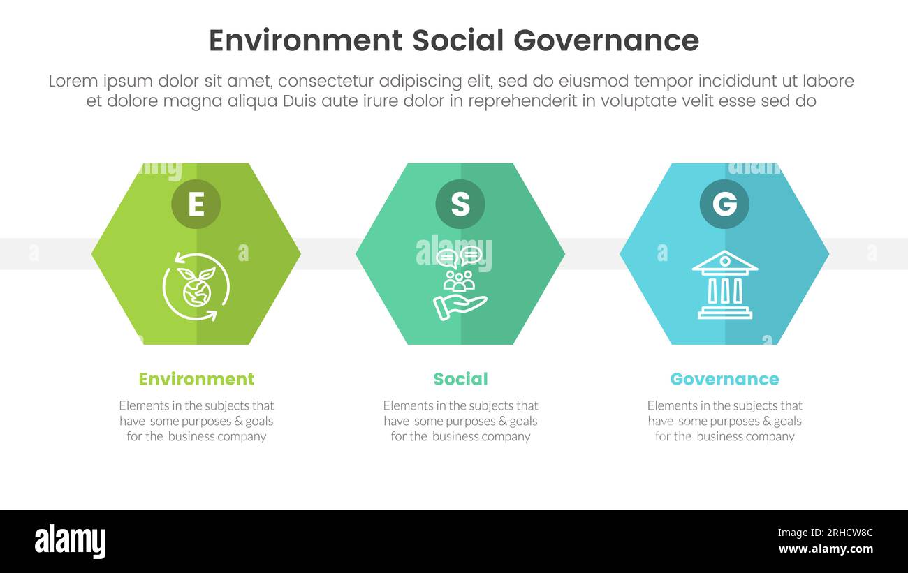 esg environmental social and governance infographic 3 point stage template with honeycomb shape ...