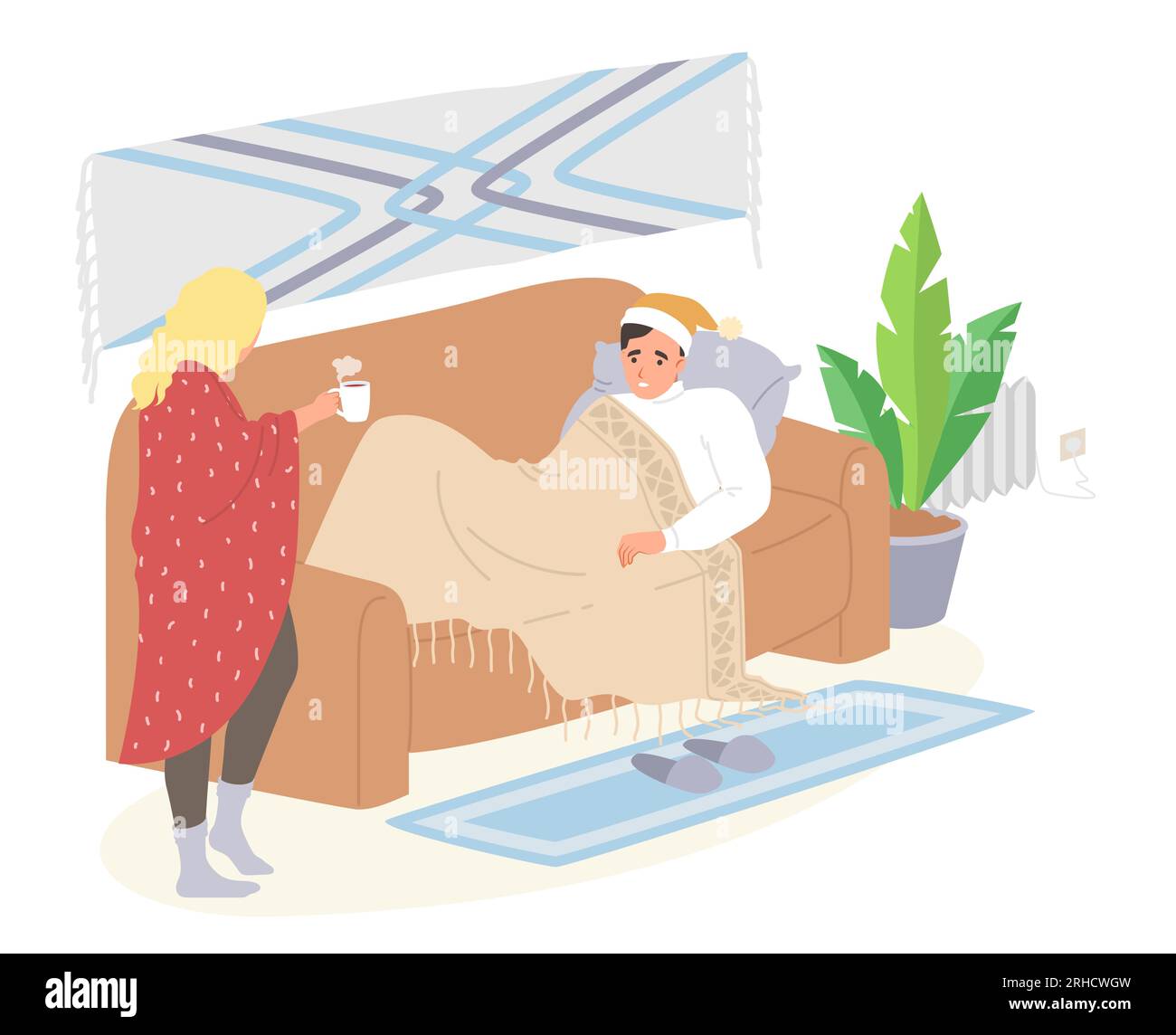Unhappy family couple suffering from cold at home scene Stock Vector ...
