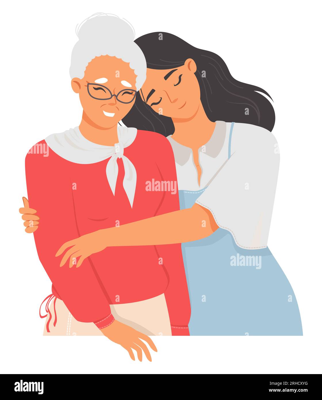 Happy Adult Woman Hugging Her Old Senior Mother Portrait Stock Vector