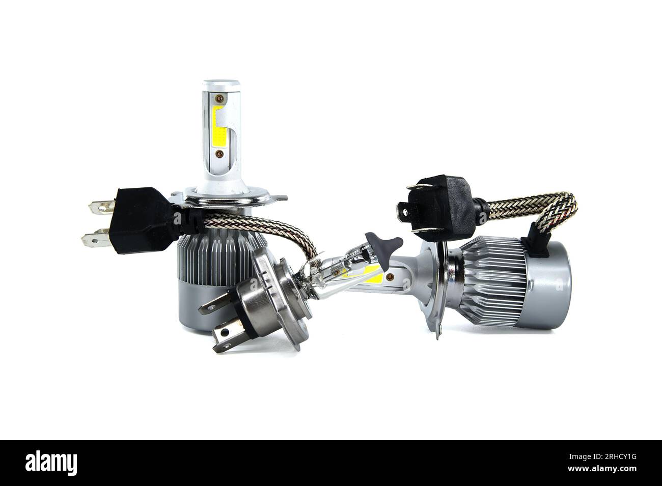 H4 halogen lamp and LED headlight bulbs isolated on white background ...