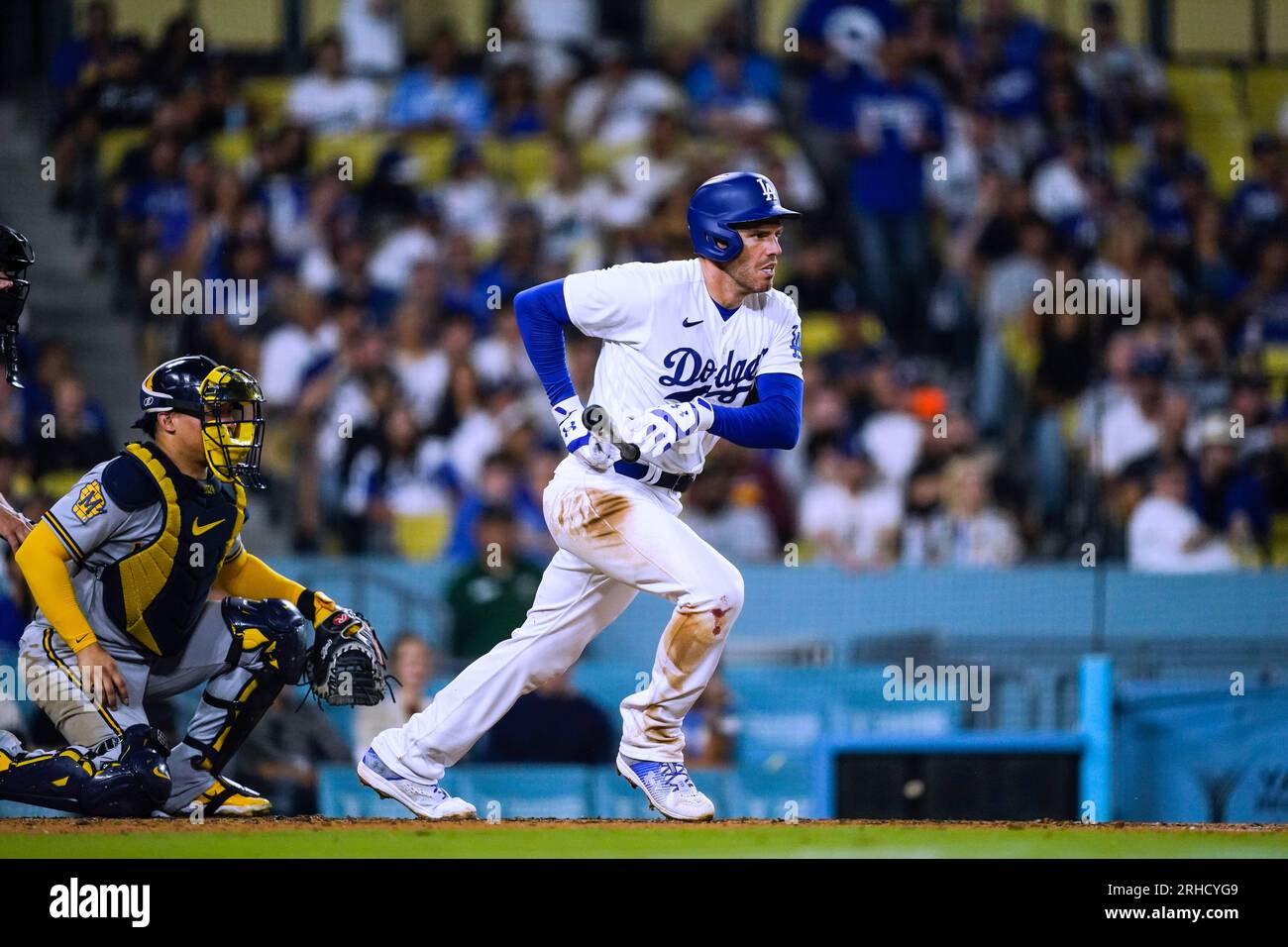 Los Angeles Dodgers' Freddie Freeman leaves the batter's box after ...