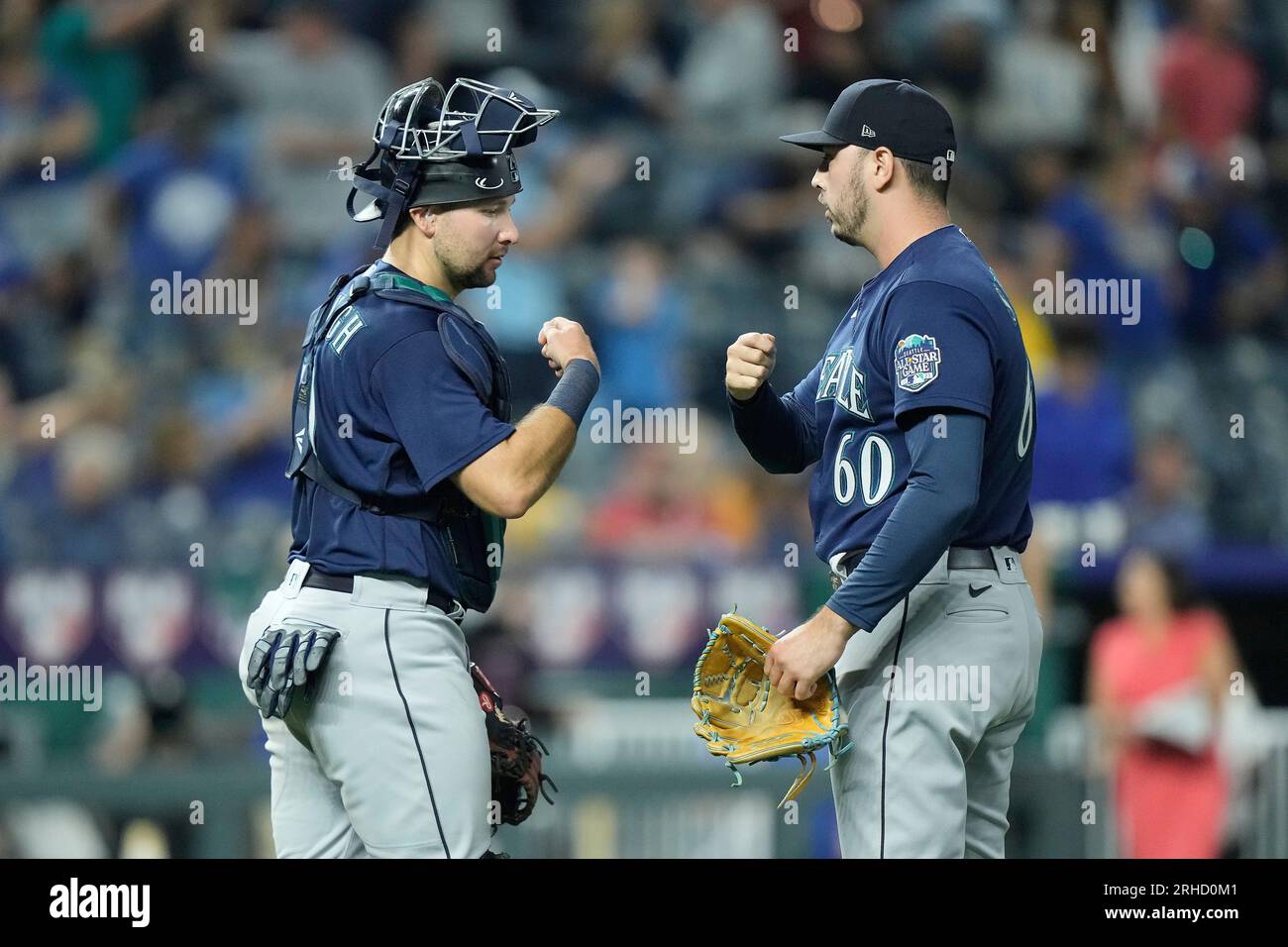 Seattle Mariners relief pitcher Tayler Saucedo (60) and catcher Cal ...