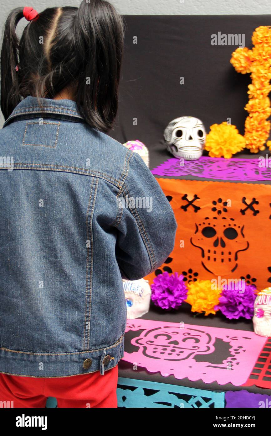 Mexican child girl put the altar and offering of the Day of the Dead in ...